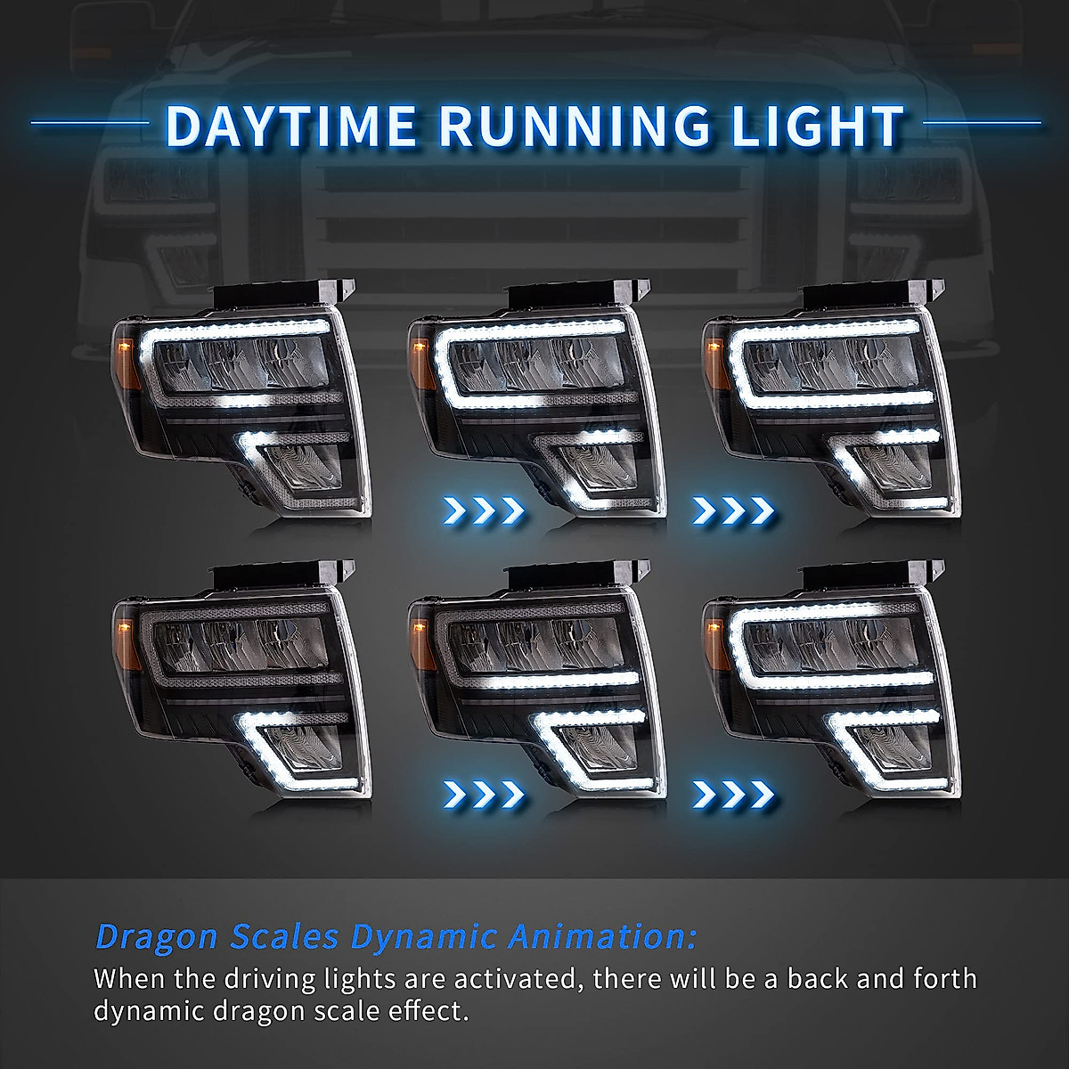 VLAND LED Reflective Bowl Headlights Compatible For [2009-2014 Ford F150 XL, STX, XLT, FX2, Lariat, FX4, King Ranch,SVT Raptor, Platinum] W/Dynamic DRL, Fit Factory Xenon & Halogen Version