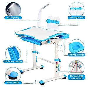 UNICOO Adjustable Kids Desk & Chair Set with LED Lamp, Premium Quality, Crank Height Adjustable Study Desk, Tilt Desktop, Spacious Storage Drawer, New Anti-tip Designed Bookstand & Safe Chair