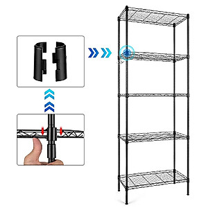 Metal Shelves for Storage Heavy Duty, Wire Rack Shelving Units and Storage, Adjustable Shelves with 4 Hooks for Laundry Bathroom Kitchen Pantry Closet, Black