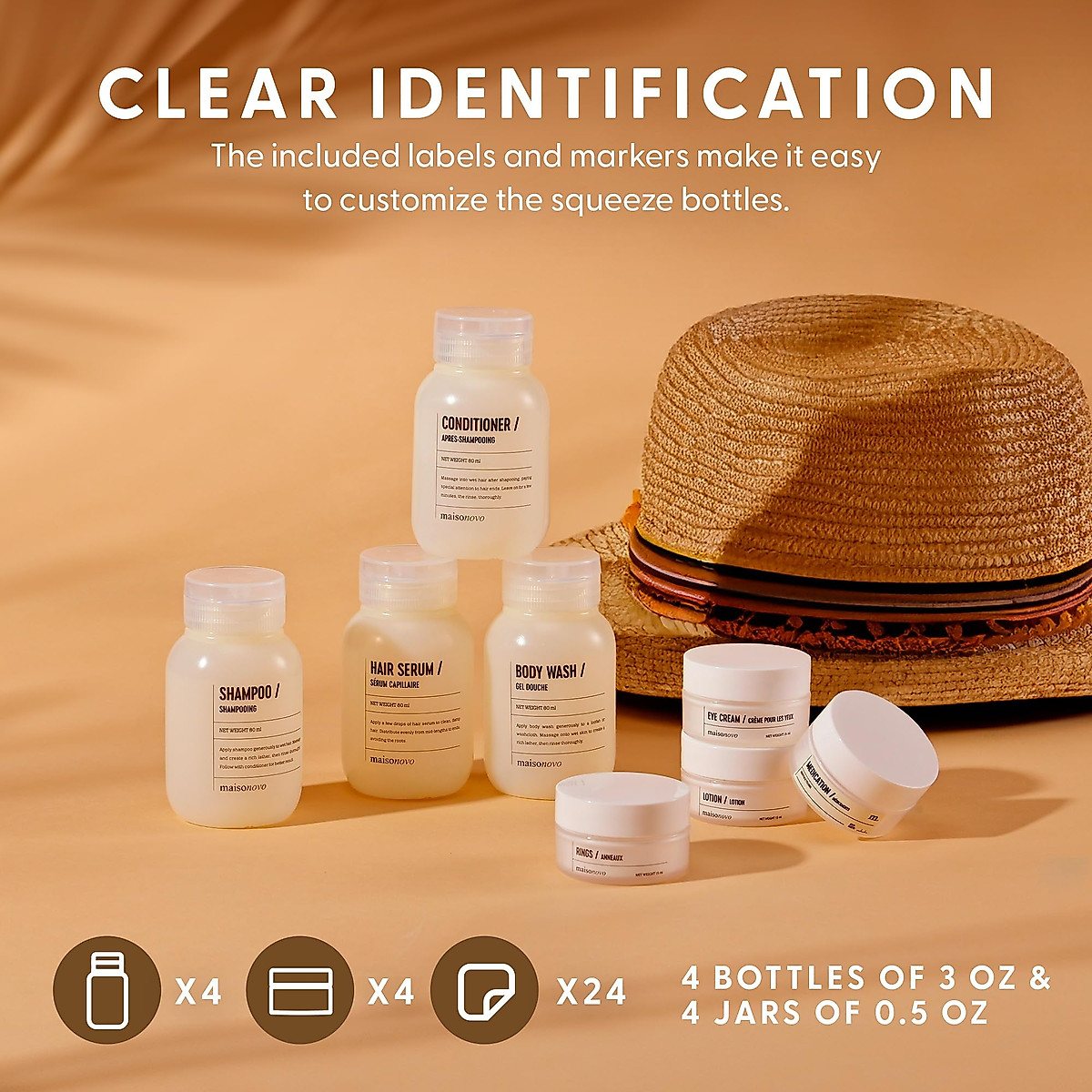 MAISONOVO Travel Bottles for Toiletries, TSA Approved, Leak Proof Refillable, Travel Size Containers and Bottles with Water Proof Toiletry Bag - Brown Pouch