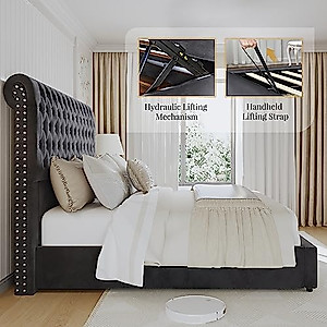 Jocisland Lift Up Storage Bed Queen Size Velvet Upholstered Sleigh Platform Bed Frame/52.4" Deep Button Tuft Headboard/Hydraulic Storage/Easy Assembly/Dark Grey