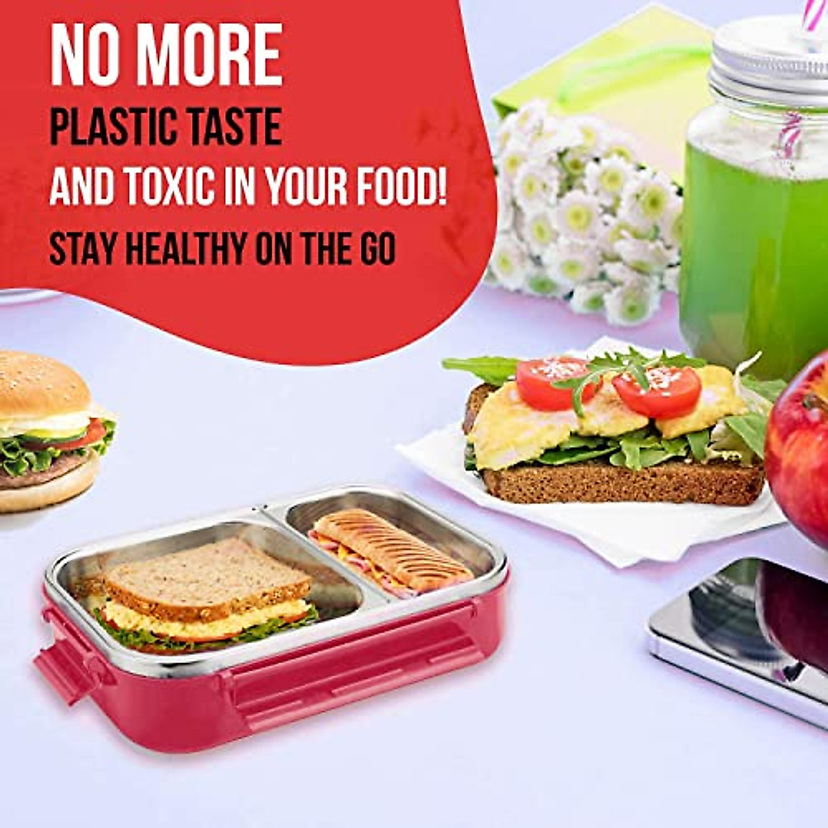 Signoraware Stainless Steel Bento Box Adult Lunch Box For Men, Women, Kids Bento Lunch Box Leak Proof Between 2 Compartments Meal Prep Containers Lunch Containers For Adults And Kids School Red