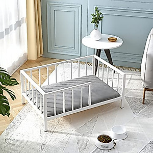OSCHF Dog Bed with Rails - Elevated Pet Metal Bed Frame with Solid Wood Board and Washable Soft Mat for Medium Dog Indoor or Outdoor Use, 25.2" x 37.8", White