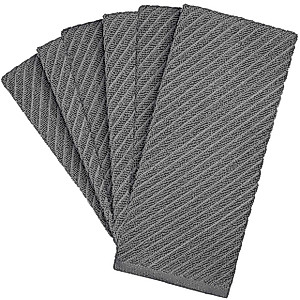 Premium Kitchen Towels (16”x 25”, 6 Pack) | Large Cotton Kitchen Hand Towels | Dish Towels | Diagonal Weave Design | 445 GSM Highly Absorbent Tea Towels Set with Hanging Loop | Grey