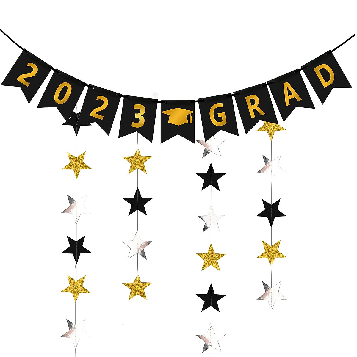 2023 Grad Graduation Banner (Assembled)with Black Gold Silver Star Garland Class of 2023 Gold Graduate Party Decorations,High School College Grad Decor, Graduation Party Favors Supplies