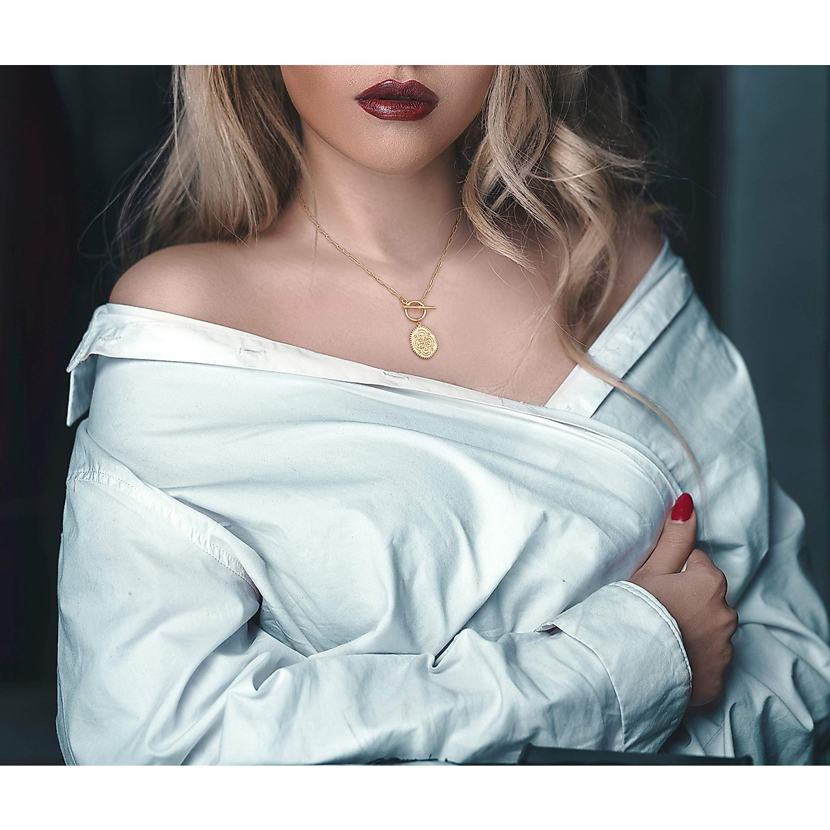 POTESSA 18k Gold Cross Medallion Pendant Necklace for Women Paperclip Chain Vintage Toggle Necklace Catholic Jewelry Mother's Day Gift 18"