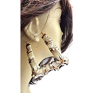 Bamboo Hoop Earrings Silver or Gold Tone Earrings 3 inch Puffy Square Hoops (Gold)