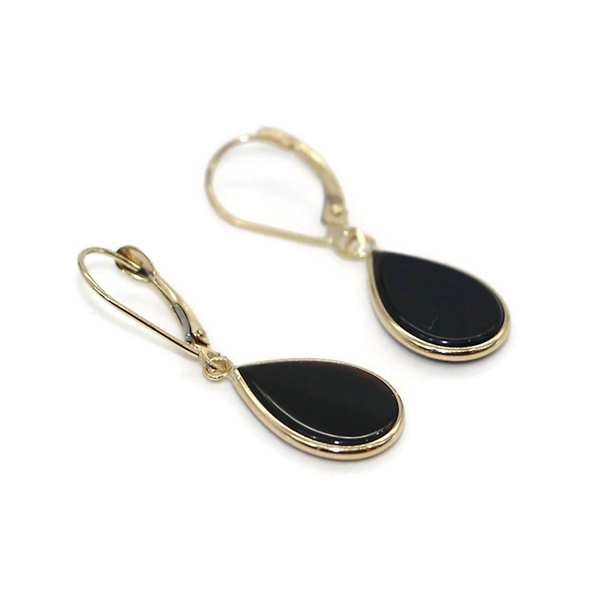 Onyx Black Pear Hanging Earrings set in 14K Yellow Gold,Leverbacks