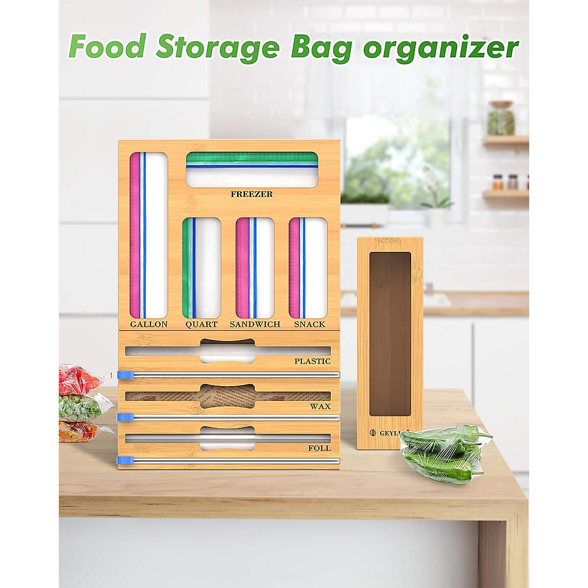 GEYILO Bag Storage Organizer, Storage Bag Organizer, 4 Separate Baggie Organizer, Ziplock Bag Storage Organizer for Kitchen Drawer, Compatible with Gallon, Quart, Sandwich & Snack Variety Size Bags