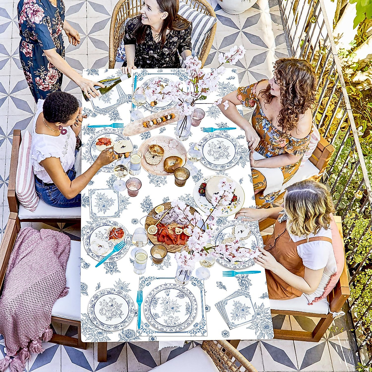 81Pcs Blue and White Flower Party Decorations, Floral Dinnerware Set, Blue and White Porcelain Plates, Napkins, Tablecloth for Bridal Birthday Baby Shower Spring Summer Tea Party Supplies, Serve 20