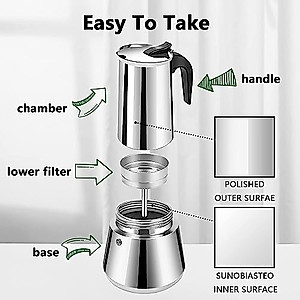 DITOSH Stovetop Espresso Maker Sainless Steel Moka Pot Espresso Maker Percolator Italian Coffee Maker Capable Moka Coffee Machine Cafe Percolator Maker for Home & Camping (2Cup-Straight)