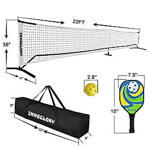 Innoglory Pickleball Set with 4 Paddles and Net 12 Pickleballs, 22FT PE Anti-Aging Net, Anti-Rust Frame, 4 Wooden Pickleball Paddles,6 Outdoor Pickleballs 6 Indoor Pickleballs with Carry Bag