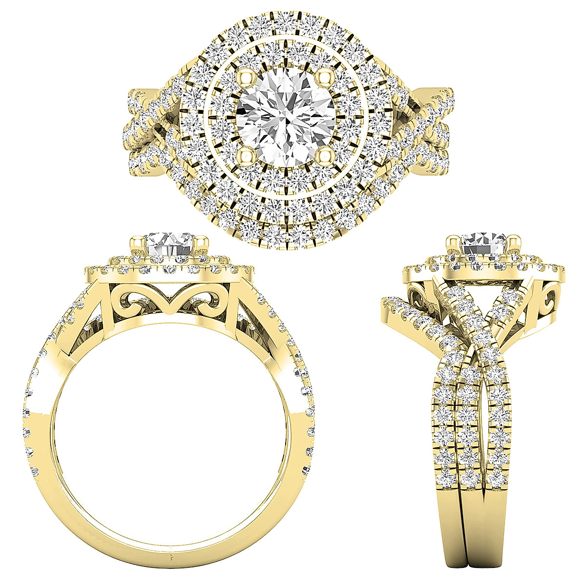 Dazzlingrock Collection IGI Certified 2.05 Carat (Ctw) Round Lab Grown White Diamond Women Double Halo Split Shank Swirl Engagement Ring with Matching Wedding Band 2 CT in 14K Yellow Gold, Size 9