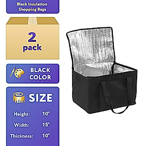 APQ Black Insulation Shopping Bags 15" x 10" x 10" Insulated Grocery Bag Pack of 2 Insulated Food Delivery Bag 15x10x10 Heavy Duty Insulated Bag for Grocery Shopping, Insulated Bags for Food Delivery