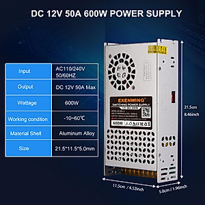 EXENWING 12V 50A 600W Power Supply Adapter Universal Switching Converter SMPS AC 110/220V to DC 12Volt Regulated Transformer Converter PSU for Diesel Heater LED Strip 3D Printer Car Stereo CCTV Camera