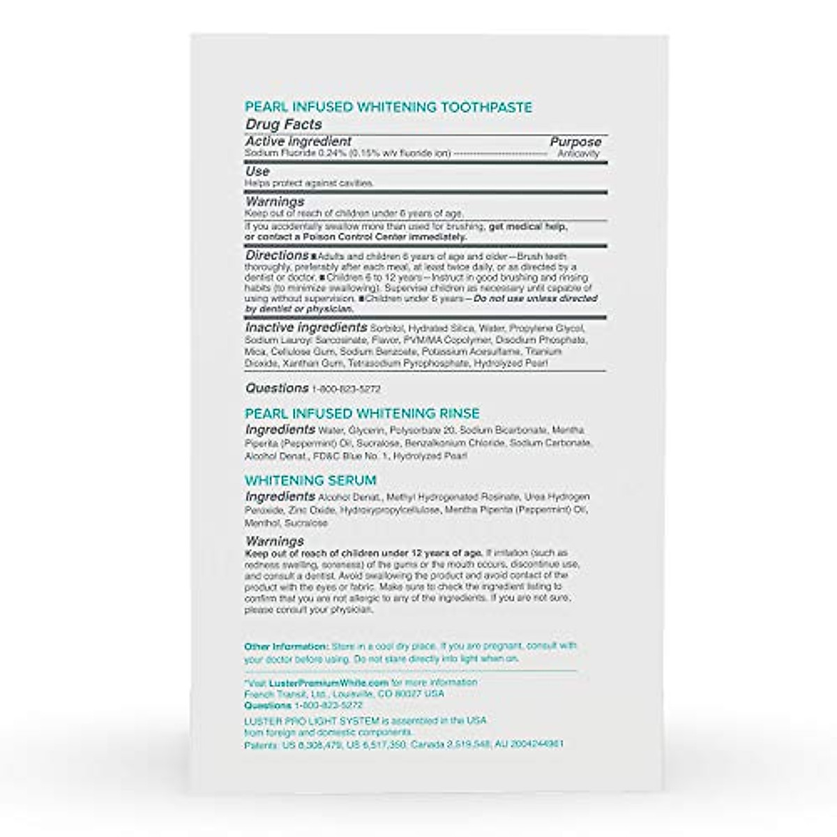 LUSTER PREMIUM WHITE Pearl Infused Pro Light Teeth Whitening System - Fast Whitening Kit with Light, Serum, Rinse, Toothpaste - 4Piece kit