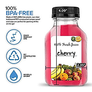 8 oz Juice Bottles with Caps for Juicing - Reusable Plastic Bottles with Lids - 8 Oz Drink Containers for Mini Fridge, Juicer Shots, Small Water Bottles - Includes Labels, Brush & Funnel - (48 Pack)
