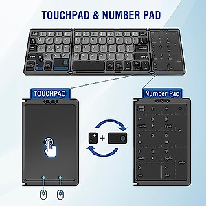 EDJO Foldable Bluetooth Keyboard, Rechargeable Portable Wireless Keyboard with Touchpad & Number Pad for Android, Windows, iOS, PC/Laptop/Smartphone/Tablet (Grey)