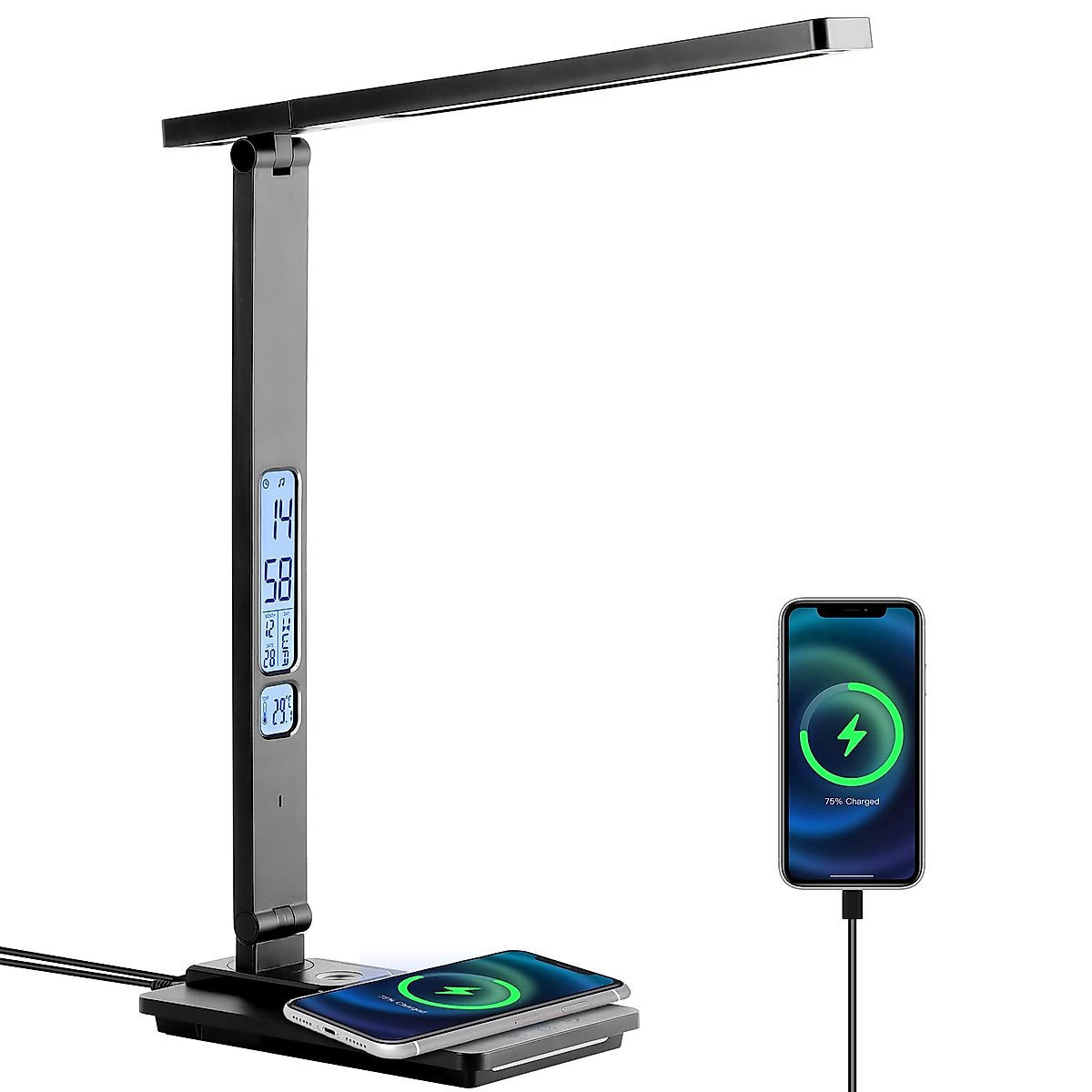 Dott Arts LED Desk Lamp with Wireless Charger, Touch Control Study Lamp with USB Charging Port, Table Lamp with Clock, Alarm, Date, Temperature, Office Lamp, Desk Lamps for Home Office,Black