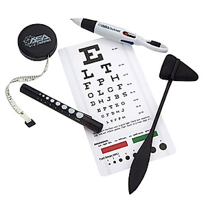ASA TECHMED Dual Head Stethoscope Set with Snellen Eye Chart, Taylor Percussion Hammer, Otoscope w/Batteries, LED Pupil Gauge Penlight, Retractable Tape Measure, 4 in 1 Ballpoint Pen
