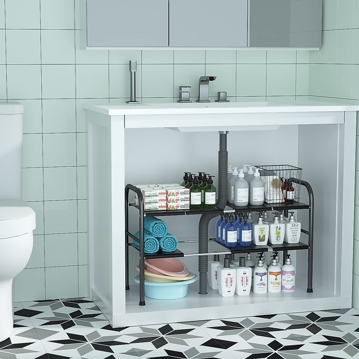 ATIDIE Under Sink Organizers and Storage, 2 Tier Under Sink organizer Expandable Cabinet Shelf Organizer with 8 Detachable Panels for Kitchen Bathroom Storage