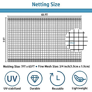 Dafoecheer Bird Netting - 7 x 65 FT Heavy Duty Garden Netting Deer Fence Net for Vegetables, Plant and Fruit Trees Against Birds, Deer and Other Animals