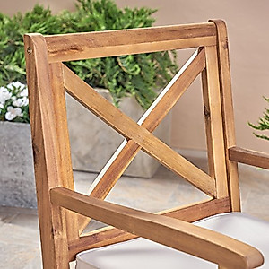 Christopher Knight Home Peter | Outdoor Acacia Wood Dining Chair Set of 2, Teak/Cream Cushion