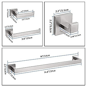 4-Piece Bathroom Hardware Set, Stainless Steel Wall Mounted Square Bathroom Accessories Kit, Include 16 Inch Hand Towel Bar, Toilet Paper Holder, Hand Towel Rack, Towel Hook(Brushed Nickel)