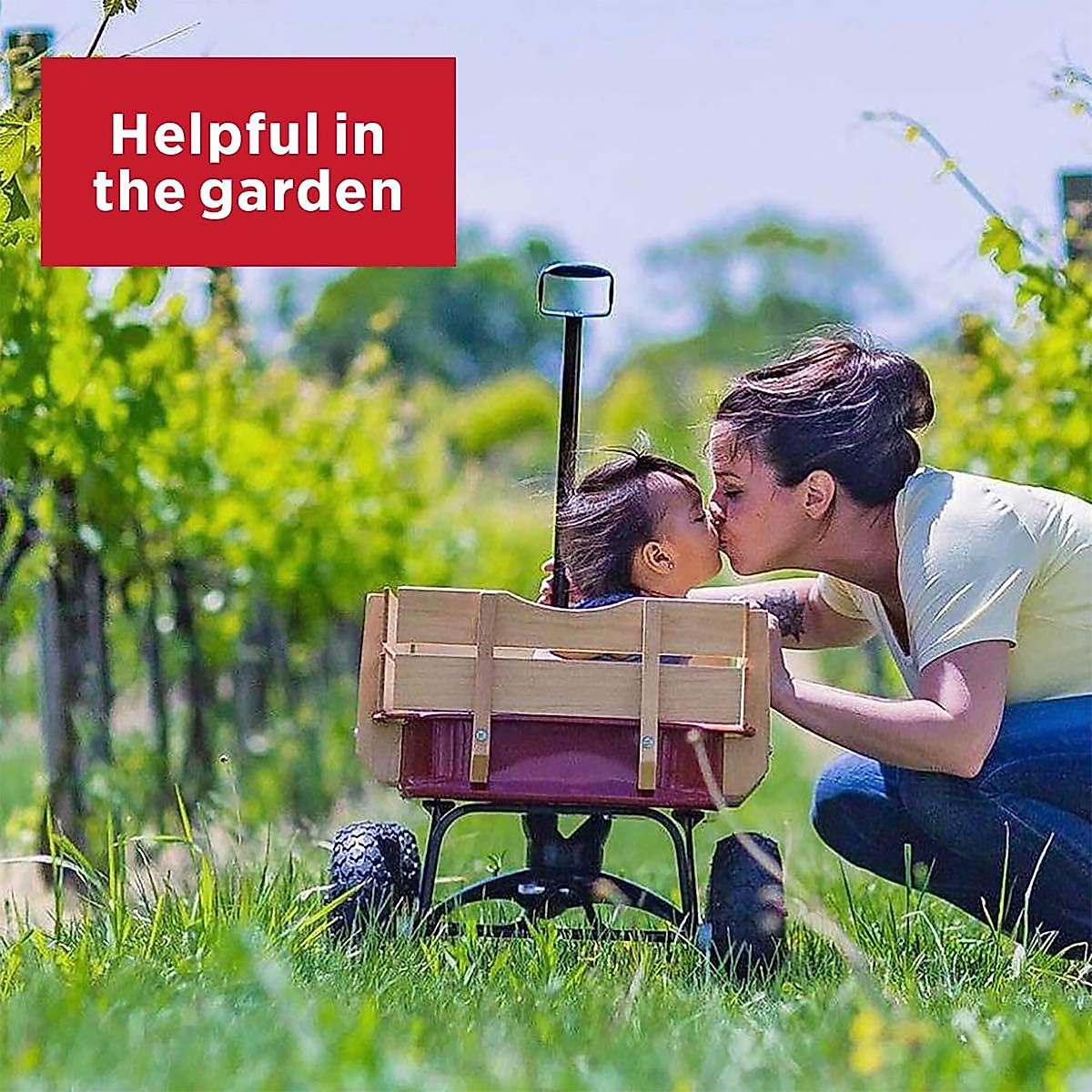 Radio Flyer Full Size All Terrain Classic Steel Pull Along Wagon with Foldable Handle and Wooden Stake Sides for Kids and Cargo, Red