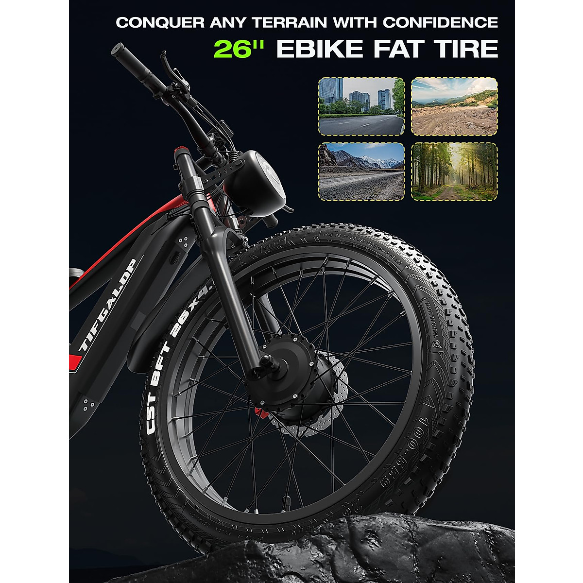 tifgalop Adult Electric Bike, 2000W Motor Maximum Speed 37MPH and 52V 22Ah Detachable Lithium Battery, Maximum Range 80km, 26 Inch Fat Tire Mountain Snow Beach Electric Bike