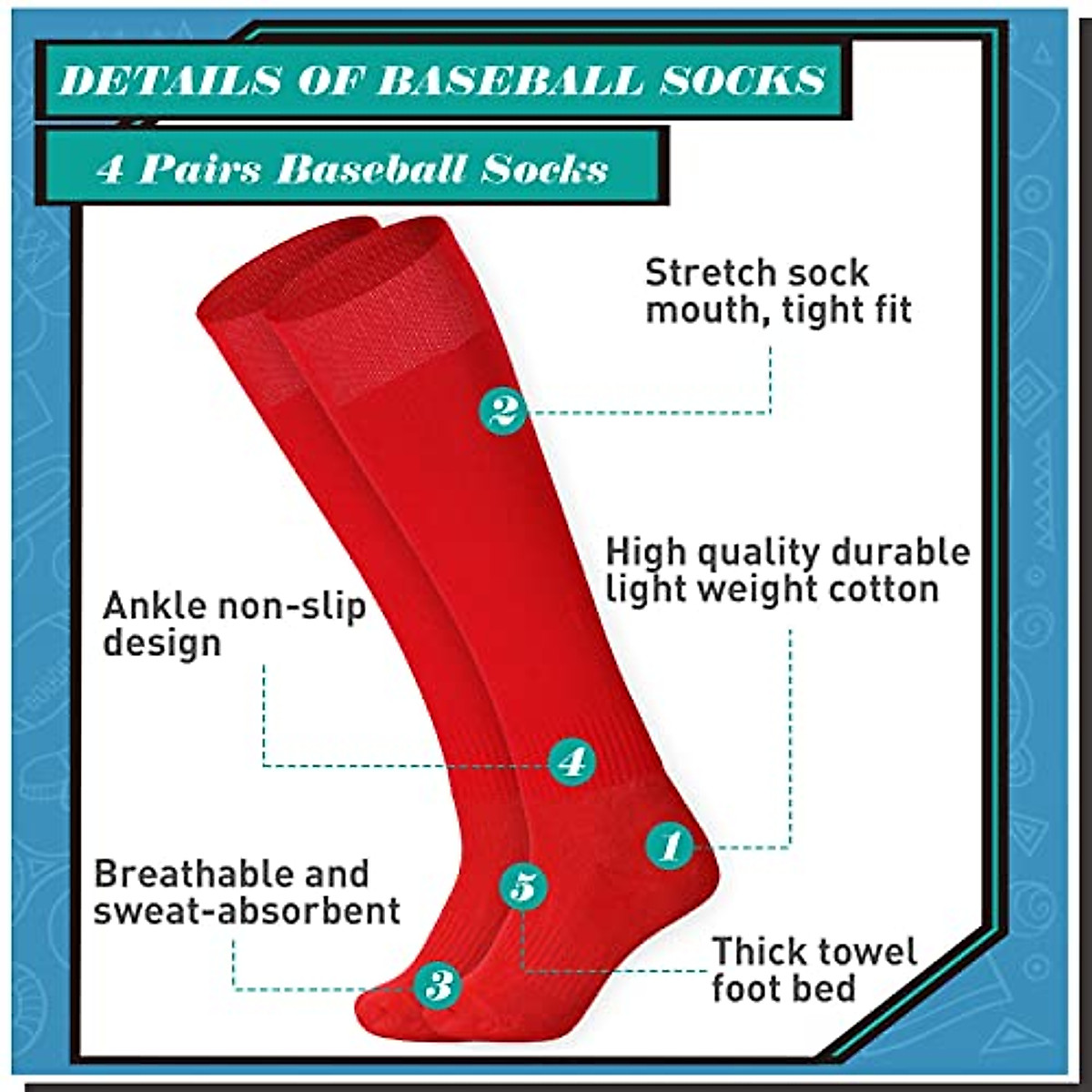 Newcotte 4 Pairs Baseball Sock and 2 Pcs Belt Combo Set Adjustable Softball Sock for Youth Boys Girls Kids Adult, Red (Medium)