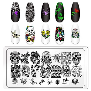 8 PCS Halloween Nail Art Stamping Plates Skull Ghost Bat Spider Witch Halloween Designs Nail Art Plates Templates Nail Stamping Plates 1 Stamper 1 Scraper Lace for DIY Printing Manicure Decoration