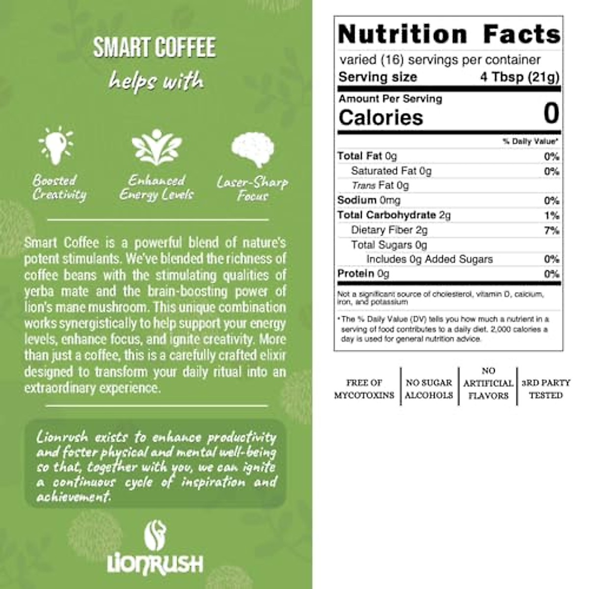 Yerba Mate Coffee with Lion's Mane Mushroom by Lion Rush - Enhanced Ground Dark Roast - Increase Energy, Focus & Creativity - Low Acid, High Antioxidants, Keto, Reduce Cravings, Non-GMO - 12 oz Pack