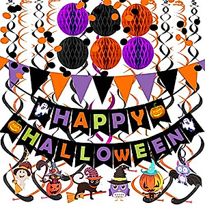 Happy Halloween Banner Paper Triangle Flag Bunting Circle Confetti Dots Hanging Garland Honeycomb Ball Swirl Streamers for Halloween Party Decorations