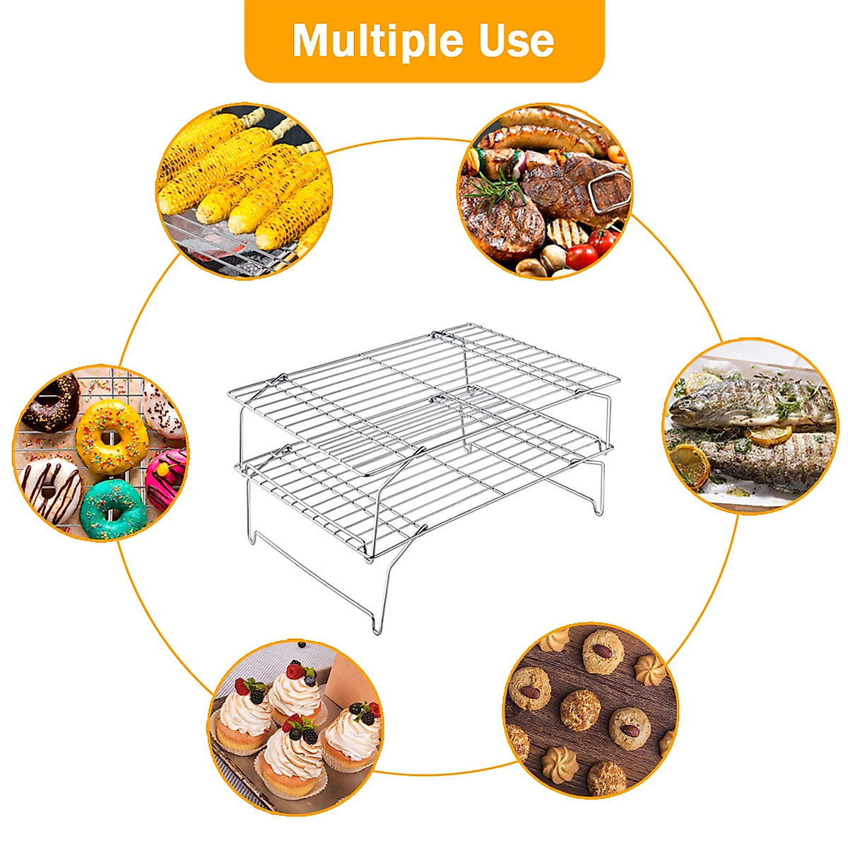 TeamFar Cooling Rack, 5-Tiers Stainless Steel Baking Cooling Wire Rack for Baking Roasting Cooking, Healthy & Firmly Weld, Stackable & Collapsible, Dishwasher Safe, 15”x10”