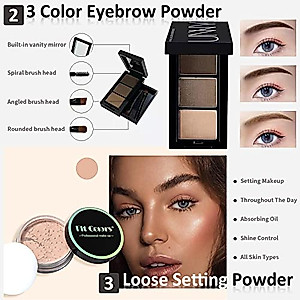 Lookmee All In One Makeup Essential Starter Kit for Beginners or Pros, 18 Colors Naked Eyeshadow Palette Nude Face Primer, Brush, Sponge, Eyebrow Powder, Winged Eyeliner Stamp (SetA)