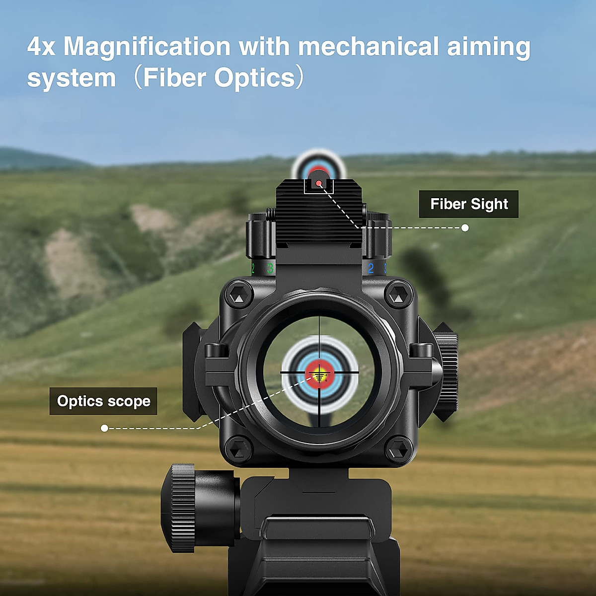 MidTen 4x32 Prism Tactical Rifle Scope Red & Green & Blue Illuminated Reticle Hunting Guns Scope with Mount for 20mm Rail and Fiber Optic Sight