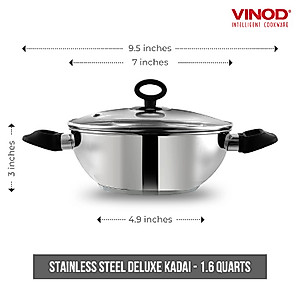 Vinod Stainless Steel Kadhai | Deluxe Wok With Glass Lid | Induction Friendly | Sandwich Bottom | 18cm Capacity | 1.6 Liters | Small-Size | Multi-Use Pot | Suitable For Indian Cooking, Gravy, Stews