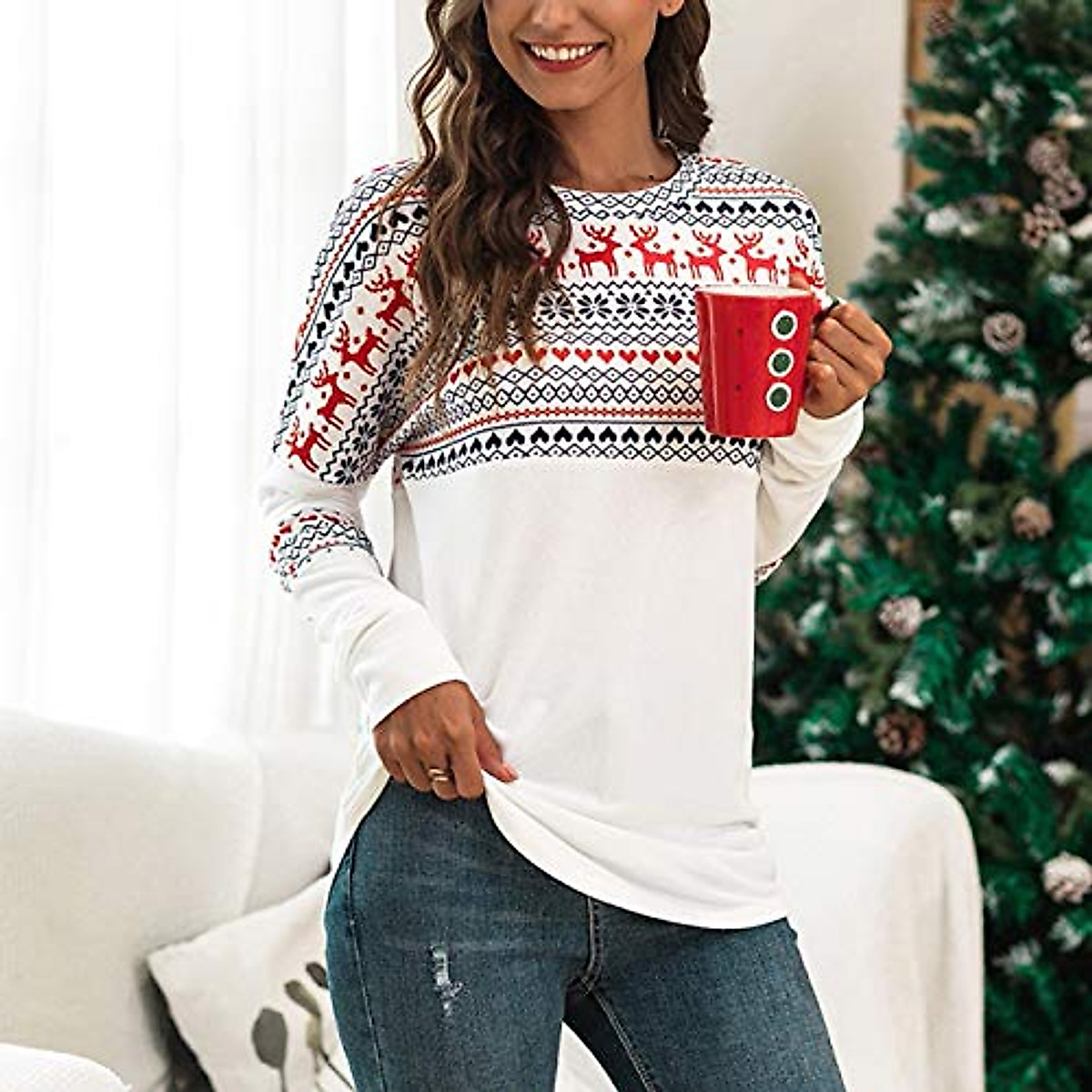 Akabsh Womens Xmas T-Shirt Ladies Long Sleeve Patching Blouse Casual Sweatshirt Tops Long Sleeve Loose Pullover Blouse