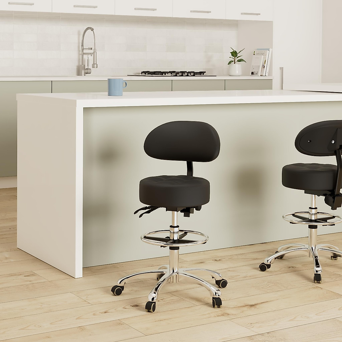 Grace & Grace Height Adjustable Rolling Swivel Tall Stool Chair with Back Support,Heavy Duty Stool with Wheels for Salon,Massage, Factory, Shop,Work (Black,with Back Support)