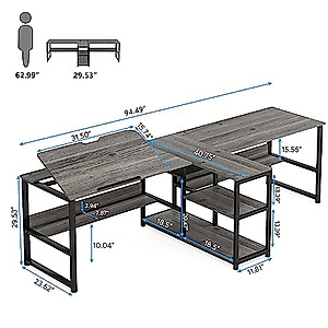 Tribesigns 94.5 inch Two Person Desk with Storage Shelves and Tiltable Tabletop, Double Computer Desk with Printer Shelf, Extra Long Double Workstation Desk Study Table for Home Office (Grey)