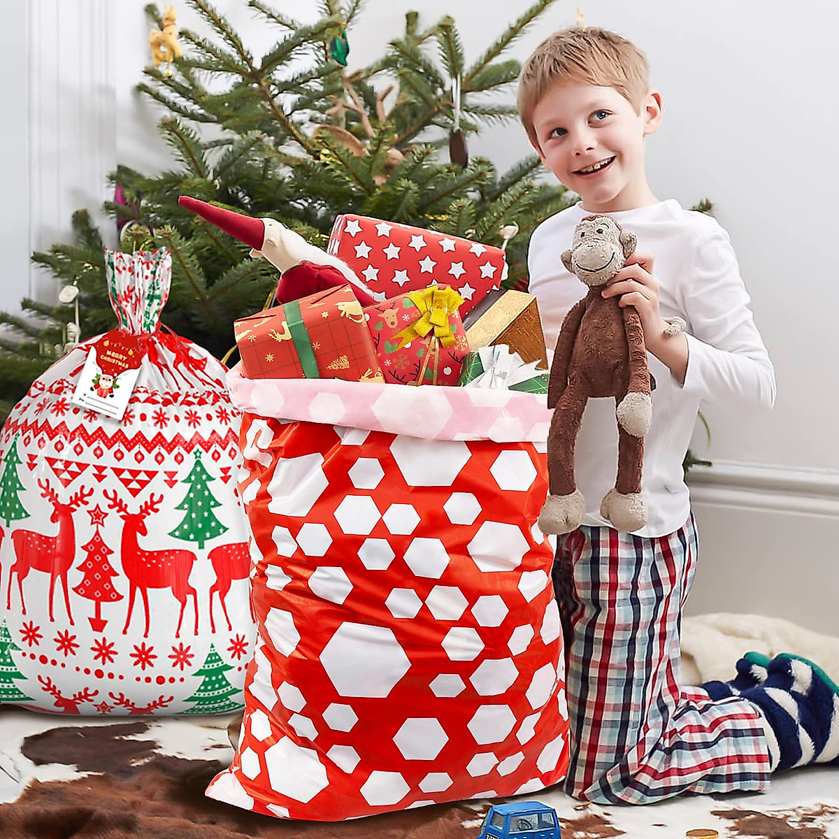 Large Christmas Gift Bag for Christmas Presents- 6Pcs Jumbo Plastic Christmas Red and White Gift Bags with Gift Tags and Ribbon for Christmas Big Gift Wrapping Holiday Goody Bag Party Favor Supplies