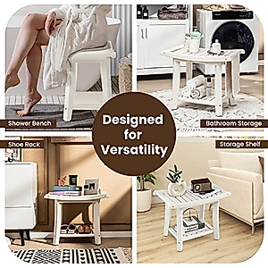 GOFLAME 2-Tier Shower Bench, Spa Bath Shower Stool with Curved Seat, 2 Easy-to-Grip Handles, Storage Shelf & Non-Slip Foot Pads, Waterproof Shower Chair for Bathroom, Living Room, Entryway, Off White