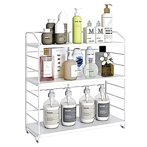 BOIVSHI 3-Tier Bathroom Countertop Rack Organizer, 8-Levels Height Adjustable Organizer Countertop Storage Shelf for Bathroom Kitchen Spice Rack Vanity Tray Cosmetic Storage Holder, Metal White