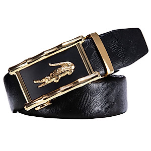 Dubulle Mens Black Ratchet Belt Full Grain Leather Gold Crocodile Automatic Buckle Adjustable Sliding Belts for Dress Party