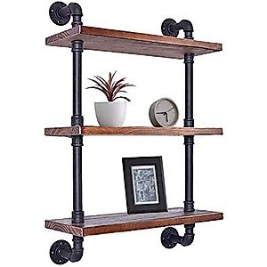 BOKKOLIK Vintage 3-Tier Pipe Shelves Farmhouse Floating Shelves 24inch Width Industrial Storage Wooden Shelves for Kitchen Office Coffee House Warming Gift