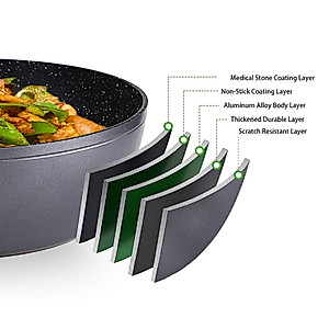 Nonstick Deep Frying Pan Saute Pan with Lid and Ergonomic Handle Skillet Omelet Fry Pan Nonstick Cookware Maifan Stone Pan 9.5Inch 3Qt