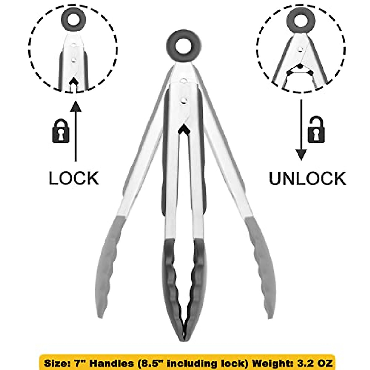 HINMAY Small Silicone Tongs 7-Inch Mini Serving Tongs, Set of 3 (Black Gray White)