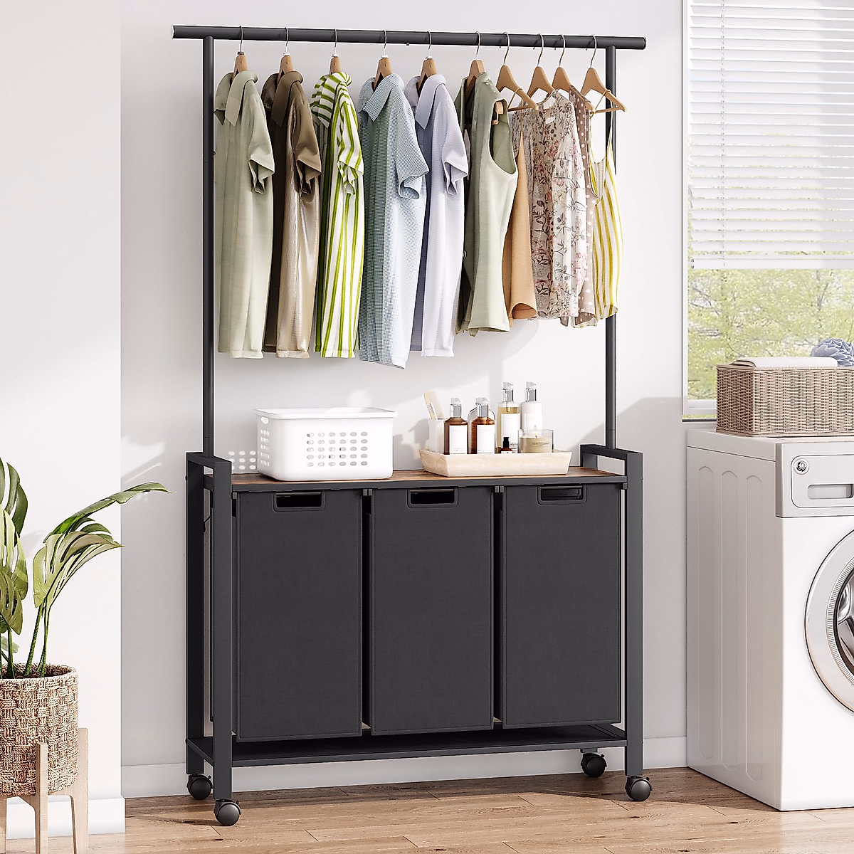 IDEALHOUSE Laundry Sorter, Rolling Laundry Hamper with Hanging Rack, Laundry Hamper 3-Section with Wheels, Hampers for Laundry, Laundry Basket Organizer for Laundry Room, Rustic Brown