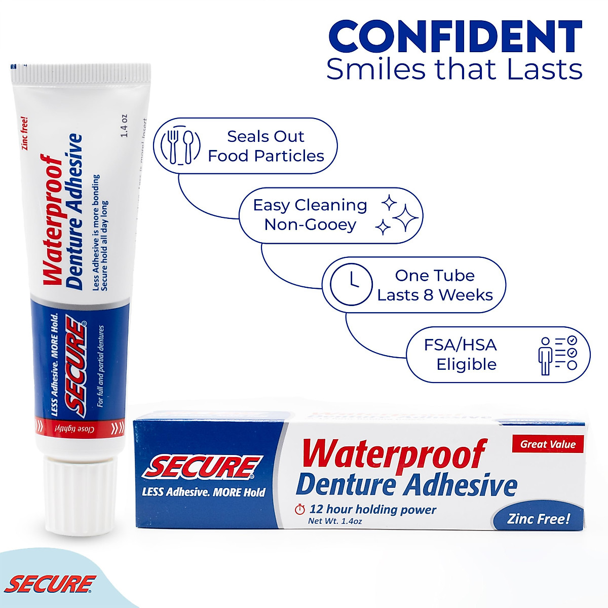 Secure Waterproof Denture Adhesive - Zinc Free - Extra Strong Hold for Upper, Lower or Partials - 1.4 oz